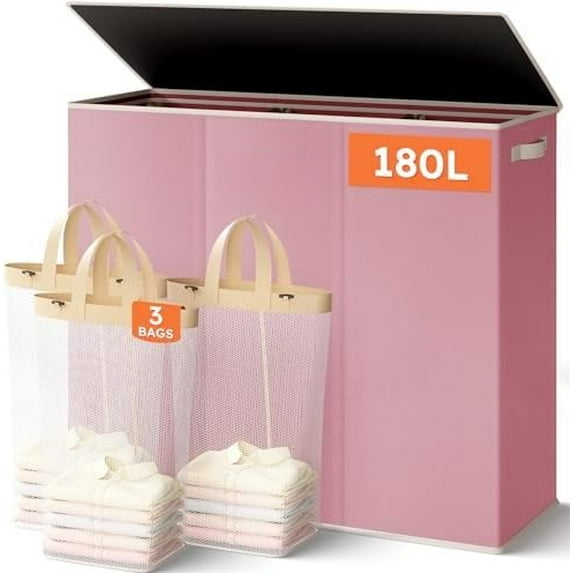 180L 3-Section Laundry Hamper with Lid, Extra Large Dirty Clothes ...
