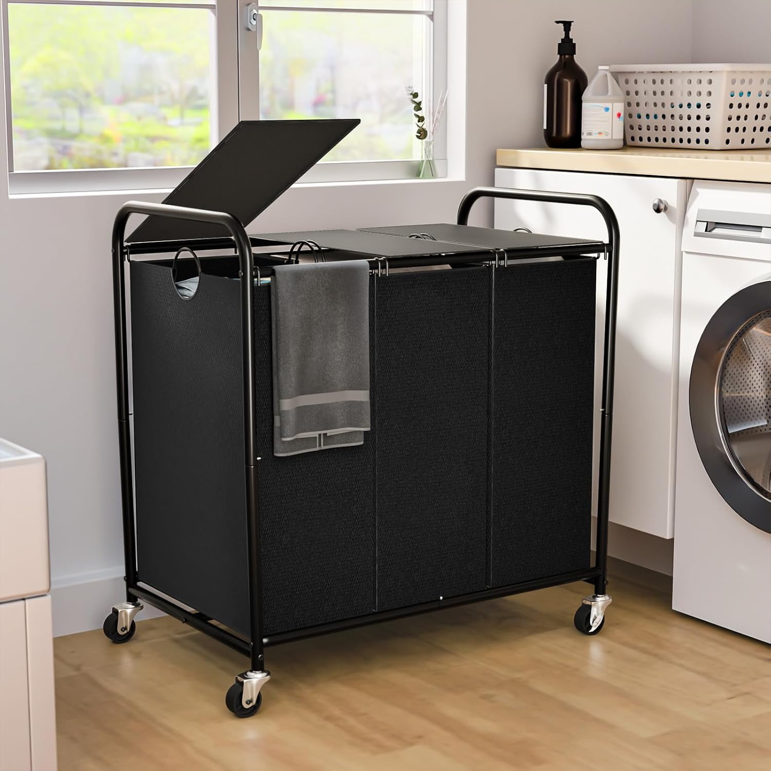 180L (47.55 Gal) Laundry Sorter 3 Section, Rolling Basket with Lockable ...
