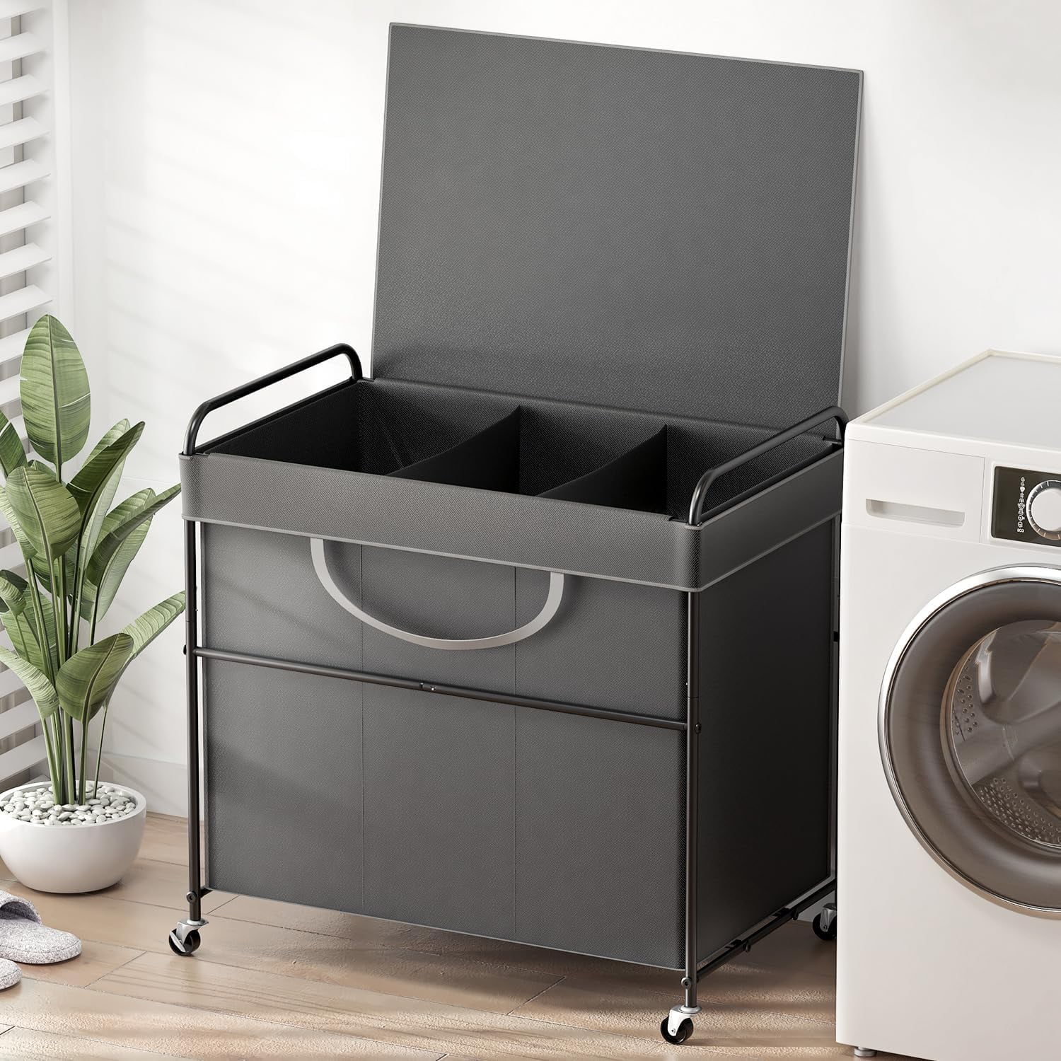 180L Large Laundry Hamper, 3 Compartment Laundry Basket with Lid ...