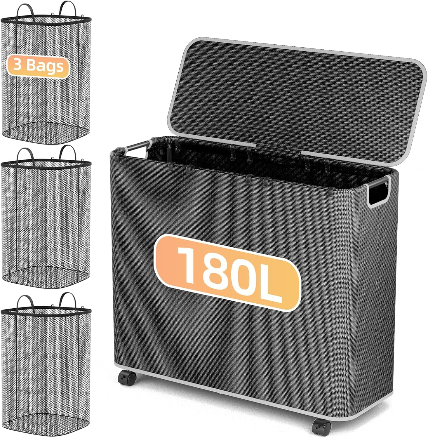 180L Laundry Basket With Lid and Removable 3 Bags, Large Rolling ...