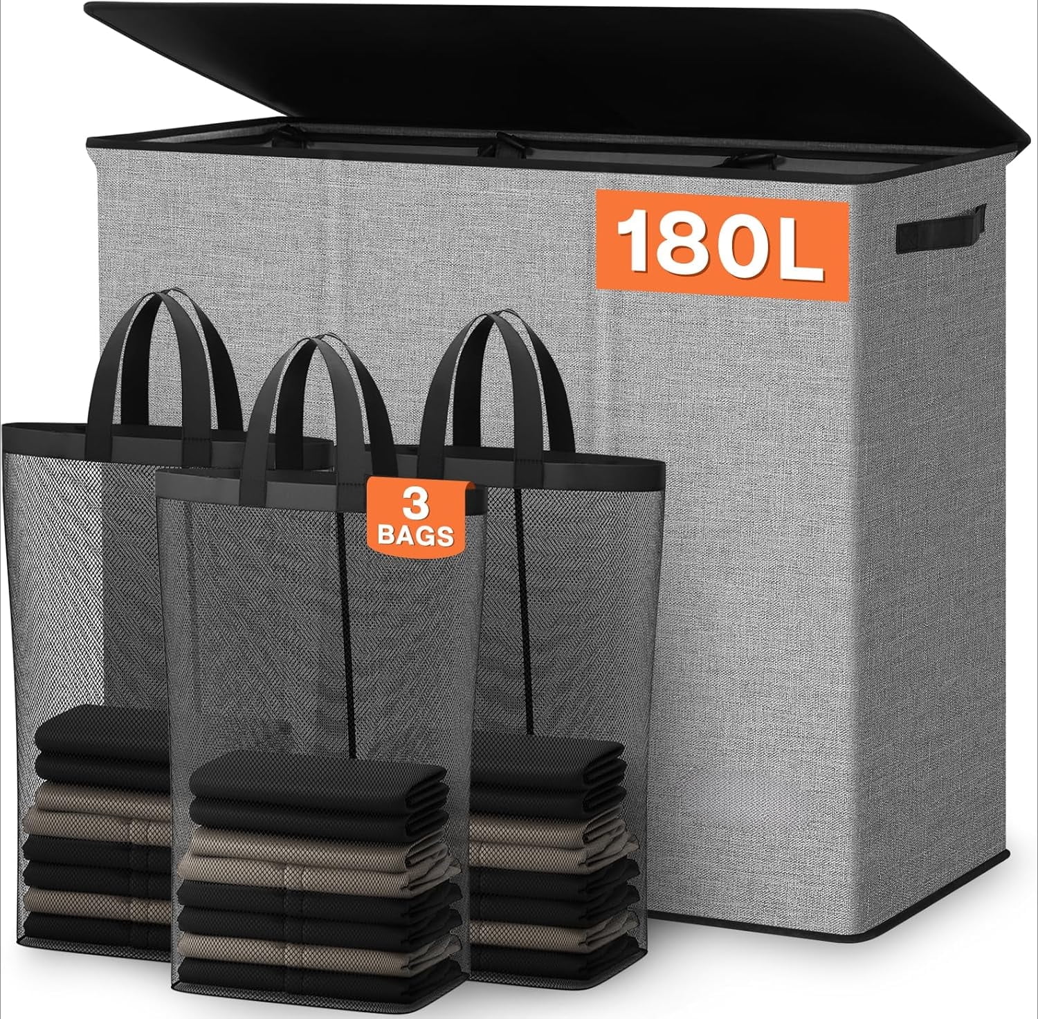 180L Laundry Hamper 3 Section, Extra Large Laundry Hamper with Lid ...