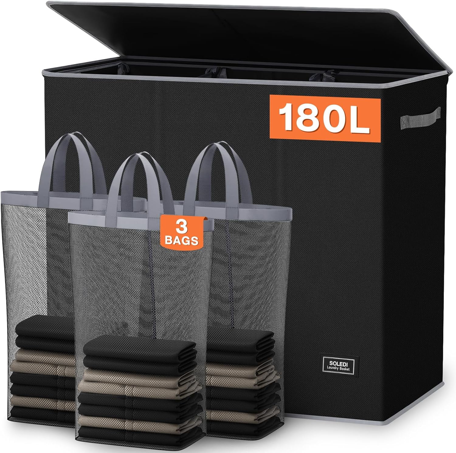 180L Laundry Hamper 3 Section, Extra Large Laundry Hamper with Lid ...