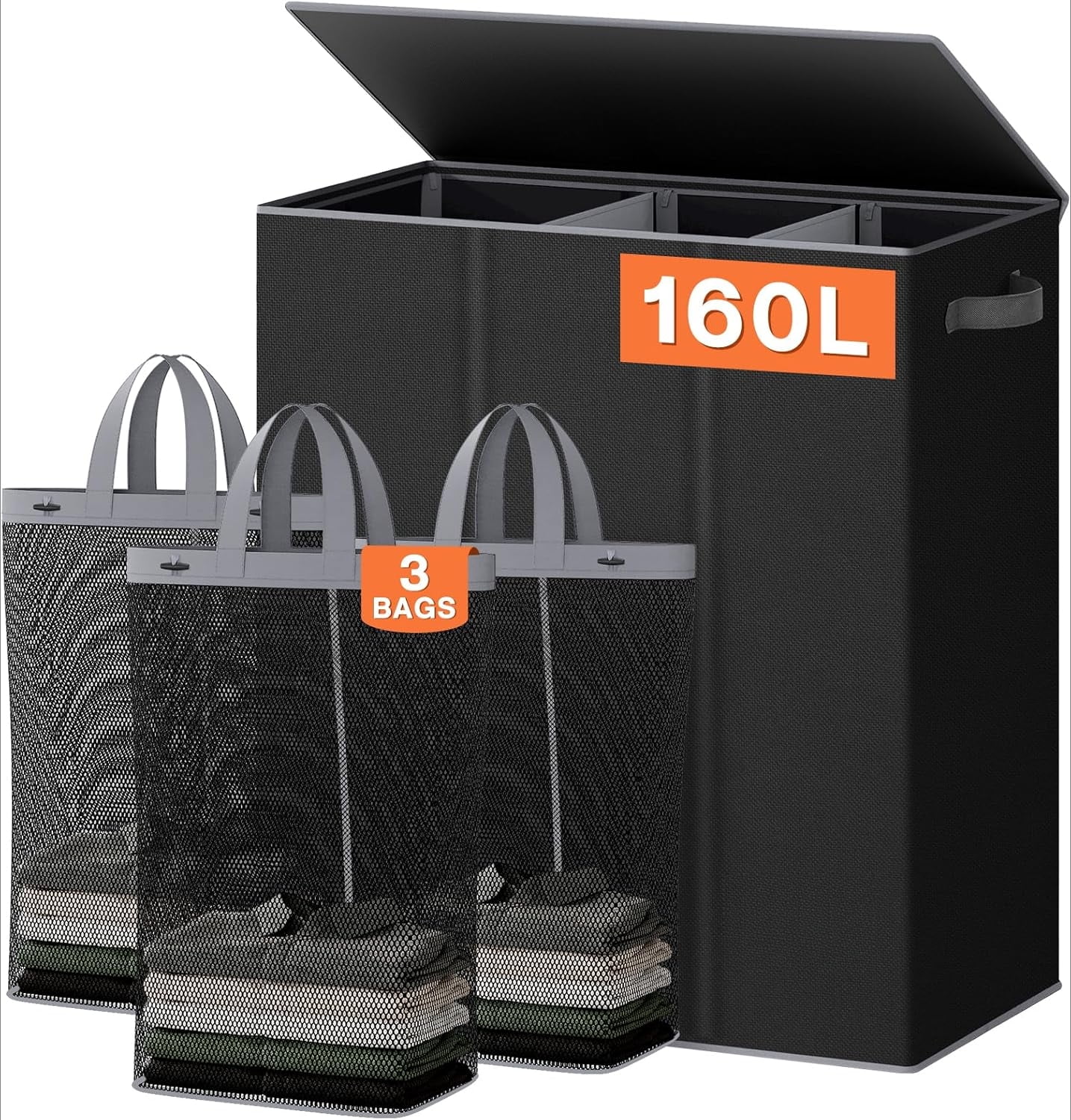 180L Laundry Hamper 3 Section, Extra Large Laundry Hamper with Lid ...