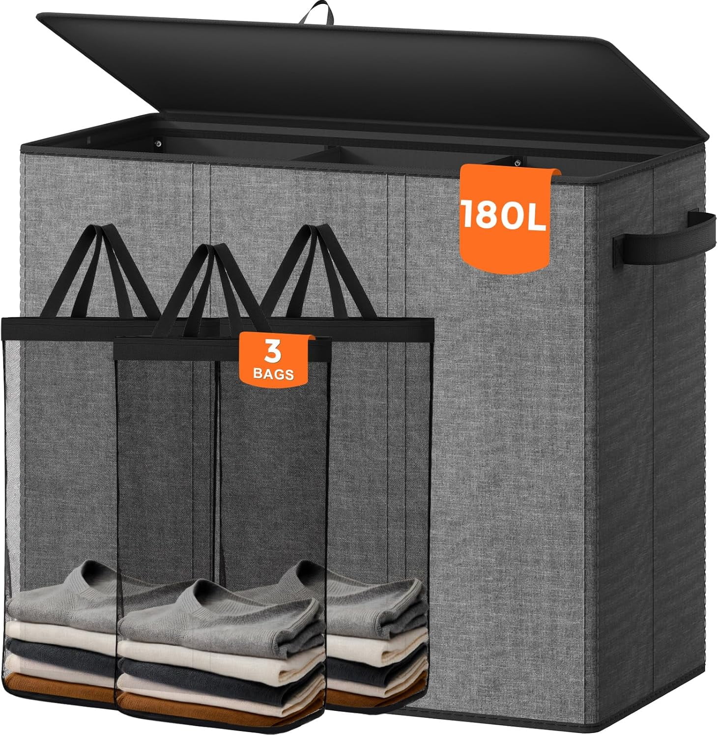 180L Laundry Hamper 3 Section Large Laundry Hamper with Lid Dirty ...