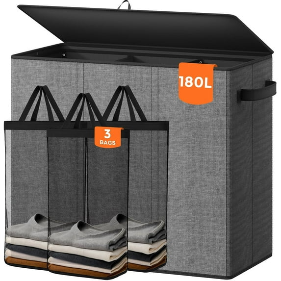 180L Laundry Hamper 3 Section Large Laundry Hamper with Lid Dirty ...
