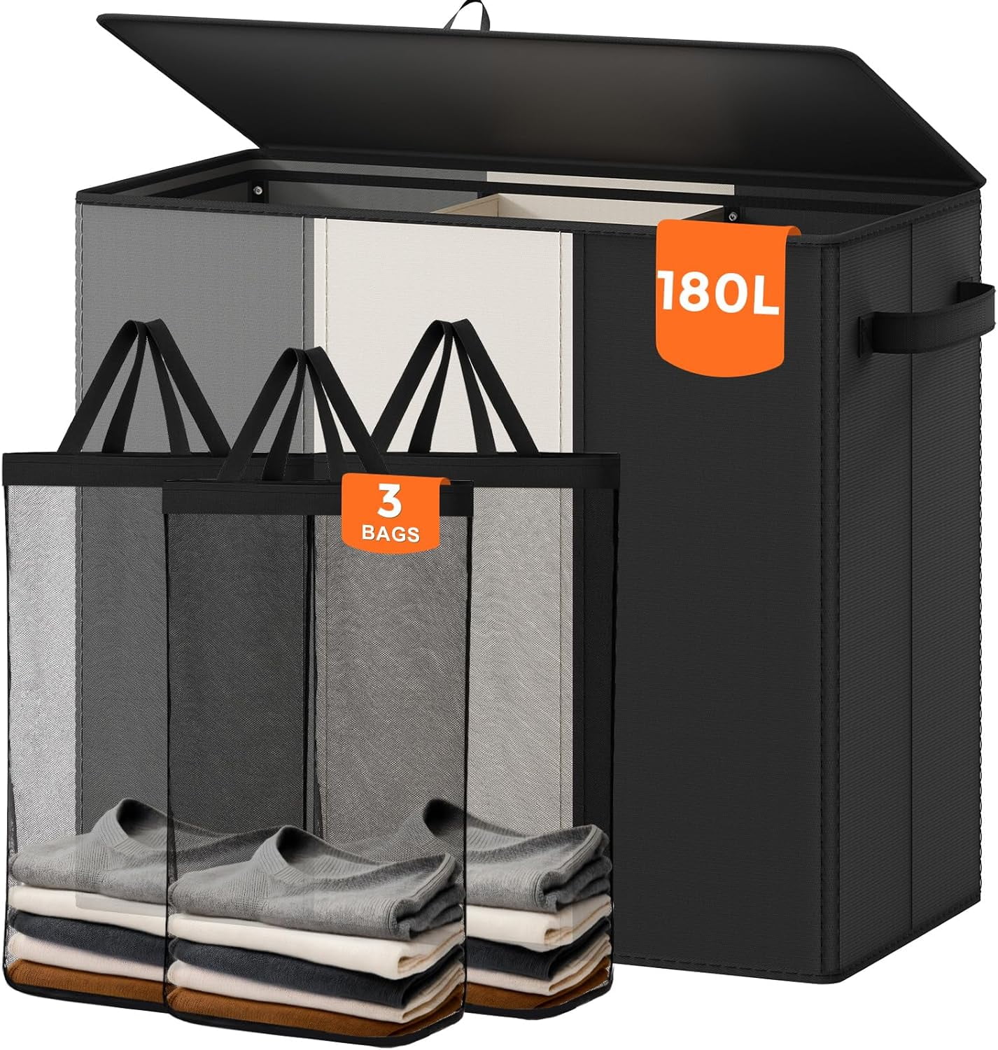 180L Laundry Hamper 3 Section Large Laundry Hamper with Lid Dirty ...