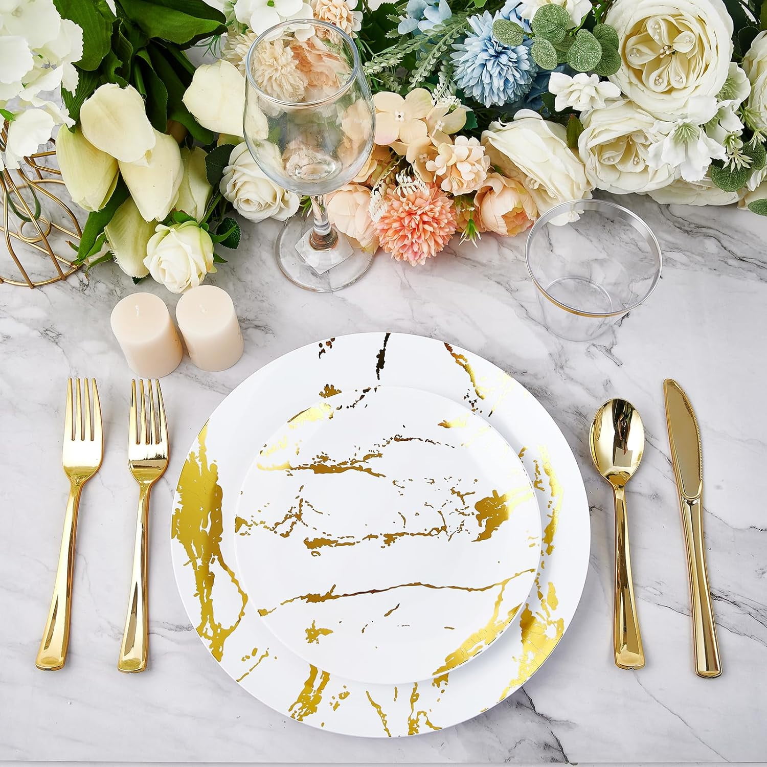 180PCS Disposable Dinnerware Set for 30 Guests, White & Gold Plastic ...