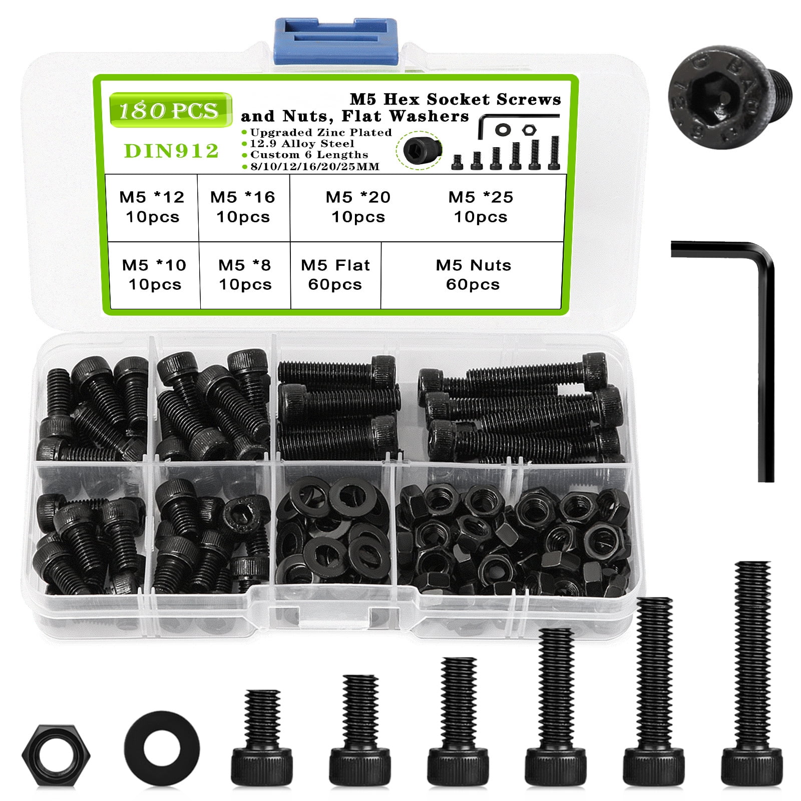 180PCS M5 Nuts and Bolts Assortment Kit 12.9 Alloy Steel M5 Hex Socket ...