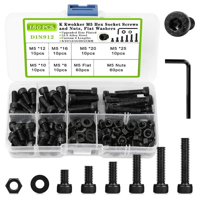 180pcs M5 Nuts And Bolts Assortment Kit 129 Alloy Steel M5 Hex Socket