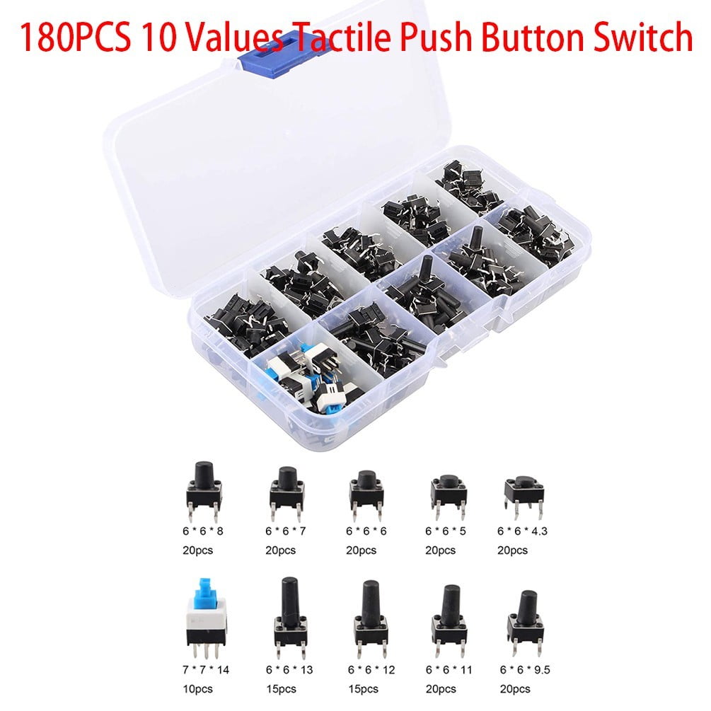 180Pcs 10 Value 4.3-14Mm Momentary Tactile Switch Push Button Miniature ...