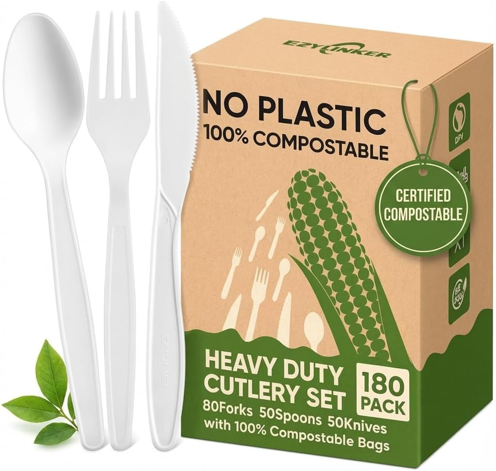 180Pcs Reusable Utensils Cornstarch Made - Heavy Duty Compostable Forks ...
