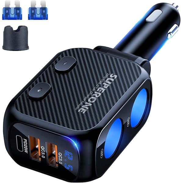 180W Cigarette Lighter Splitter with 20W PD, 2-Socket Cigarette Lighter ...