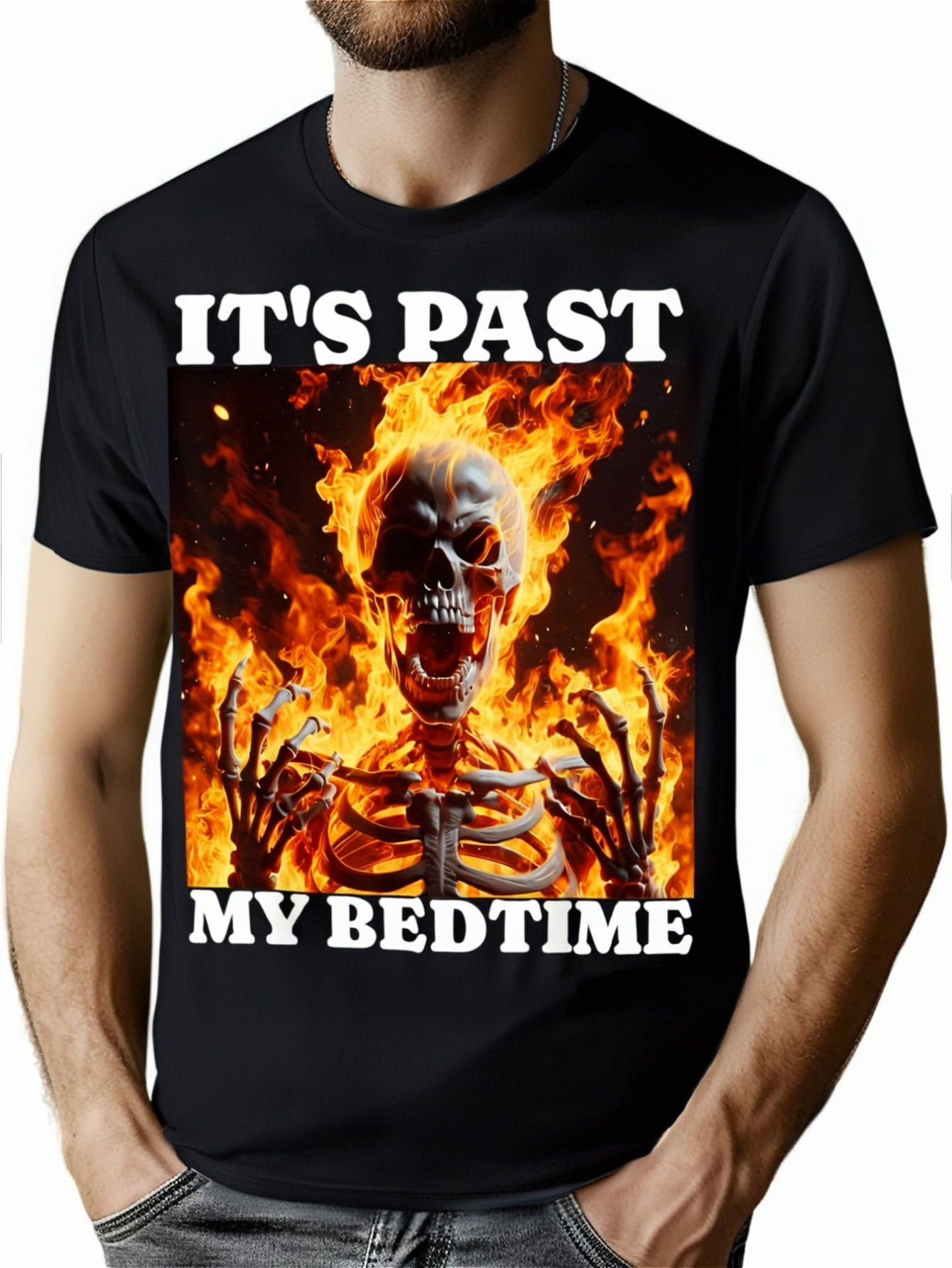 [180g Funny Skull Meme T-shirt] Past bedtime funny skull meme Flame ...