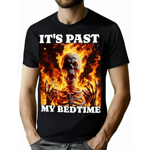 [180g Funny Skull Meme T-shirt] Past bedtime funny skull meme Flame ...
