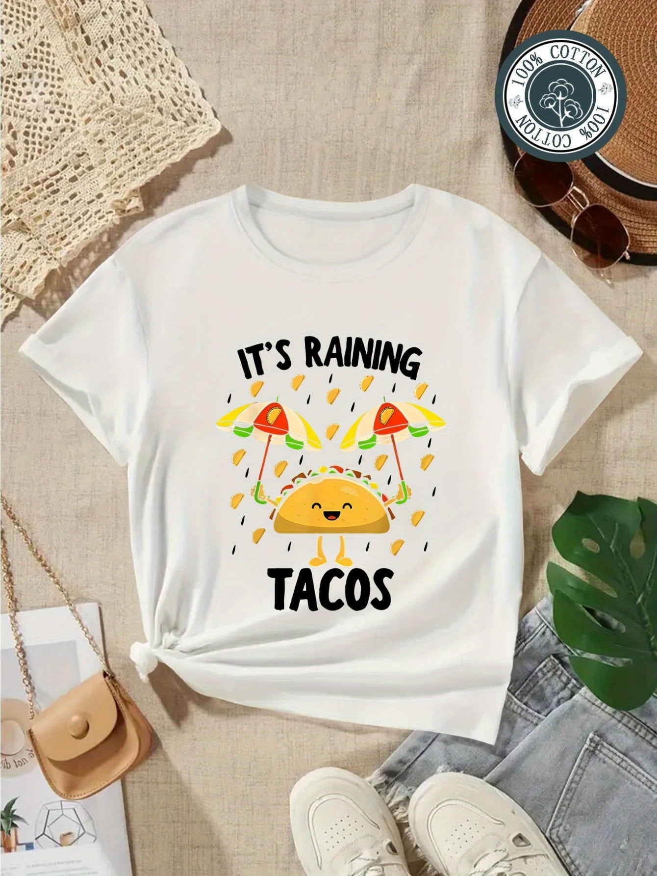 180g Pure Cotton 'It's Raining Tacos' Fun Cartoon Graphic Tee - Crew ...