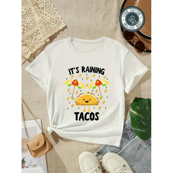180g Pure Cotton 'It's Raining Tacos' Fun Cartoon Graphic Tee - Crew ...