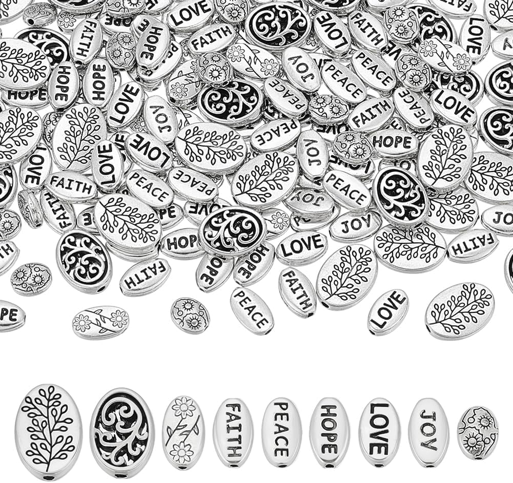 180pcs 9 Styles Faith Beads Oval Spacer Beads with Words Tibetan Style ...