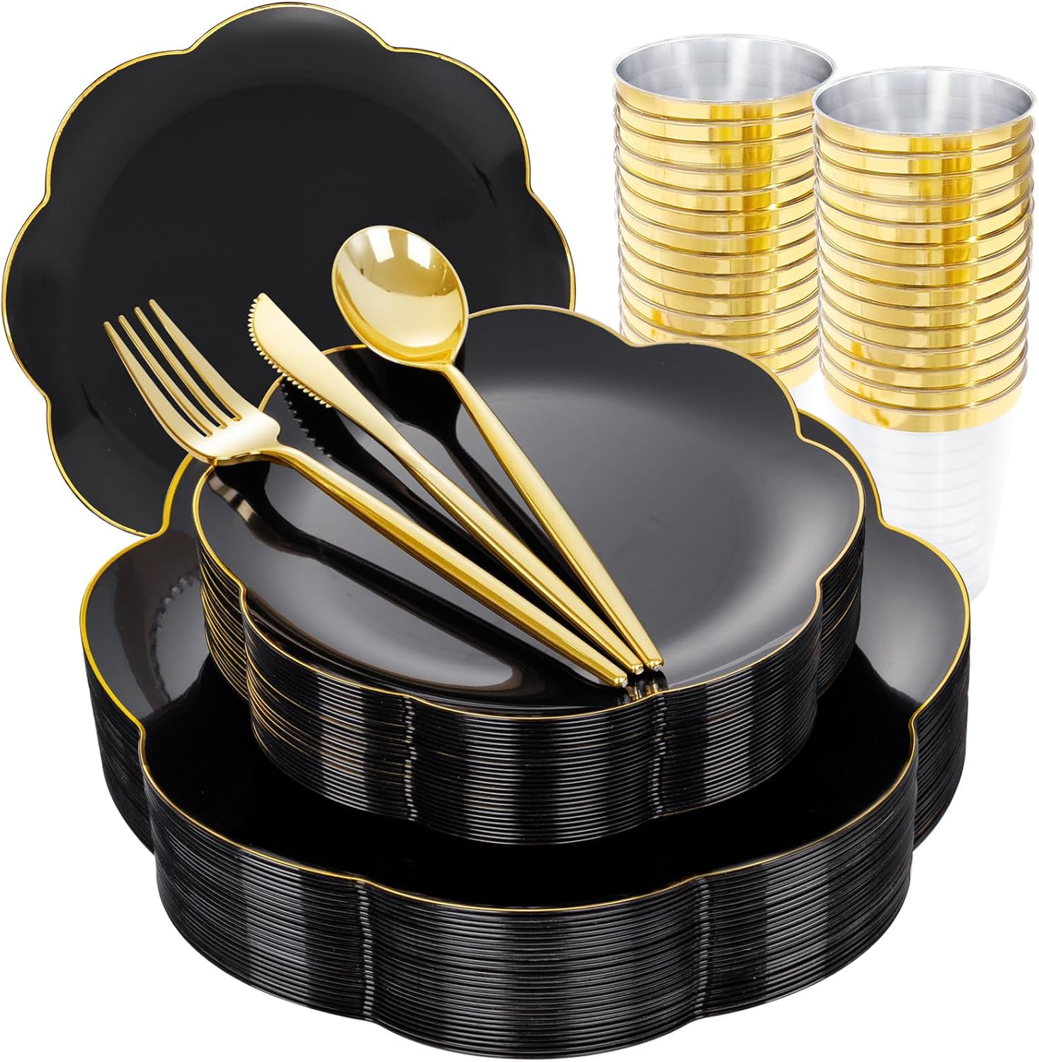 180pcs Black Plastic Plates with Gold Plastic Silverware,Black and Gold ...