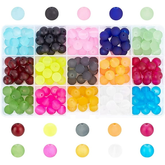 180pcs Frosted Glass Beads 15 Color 10mm Transparent Glass Round Loose ...