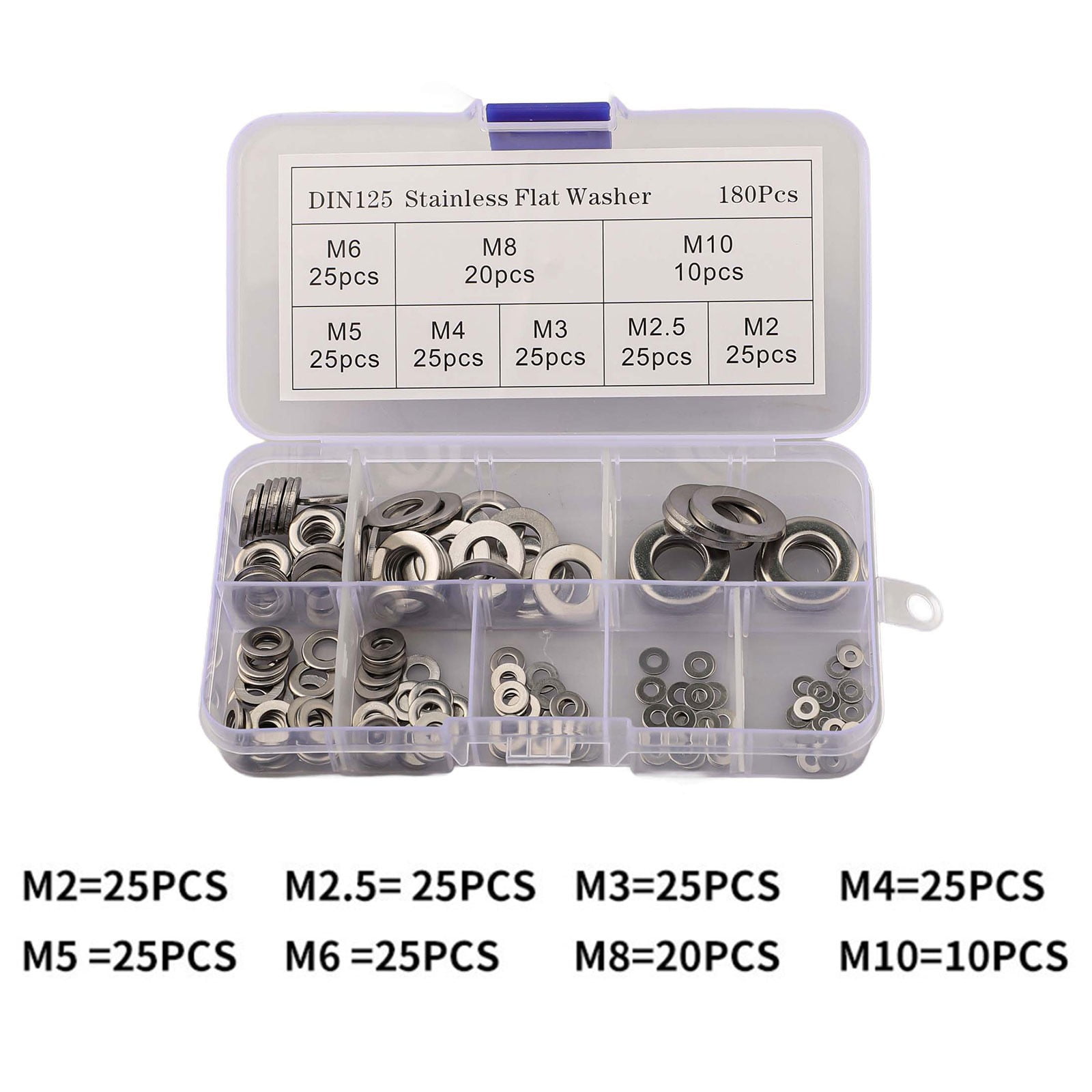180pcs Stainless Steel Flat Washer Plain Gasket Rings Assortment Kit M2 ...