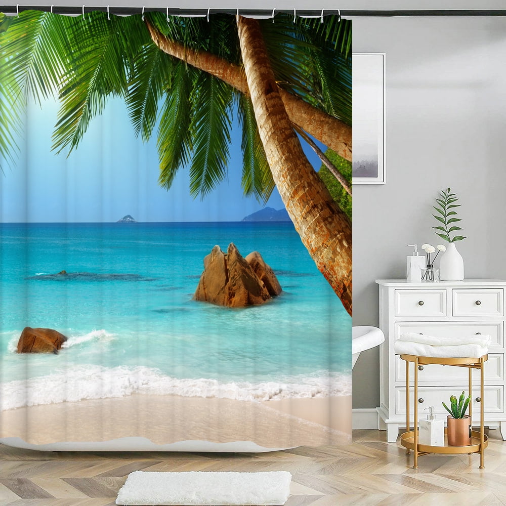 180x180cm Sunny Beach Coconut Tree Printed Fabric Shower Curtains ...