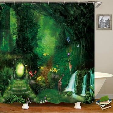 Misty Forest Shower Curtain Set Ombre Sage Green White Waterproof ...