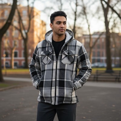1826 Men's Sherpa-Lined Flannel Shackets With Hood and Zipper- Warm Zip ...