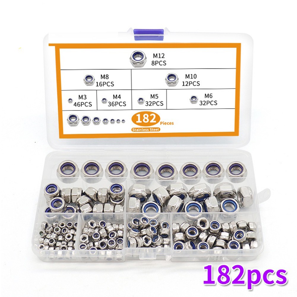 182pcs Stainless Steel Self-Locking Nuts Assortment Threaded Inserts Hex Nut Set - Walmart.com