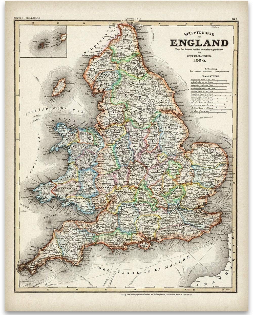 1844 England Map Poster 11x14 Unframed Vintage Cartography Historical ...
