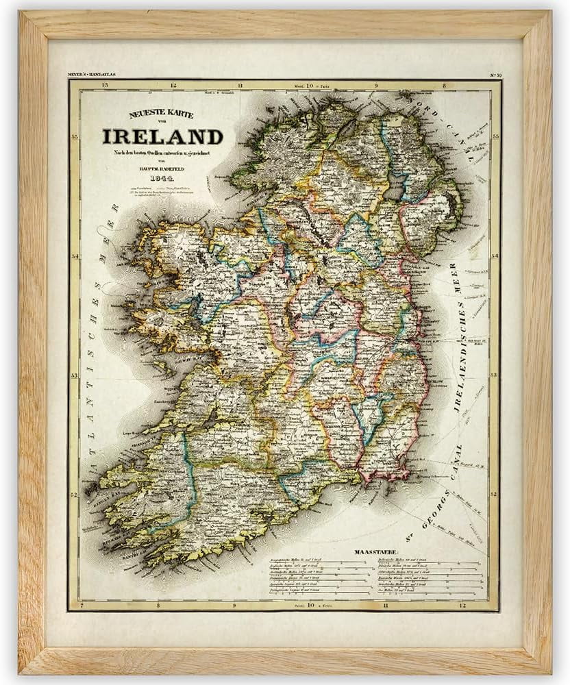 1844 Ireland Map 11x14 Framed Poster, Vintage Antique Cartography ...