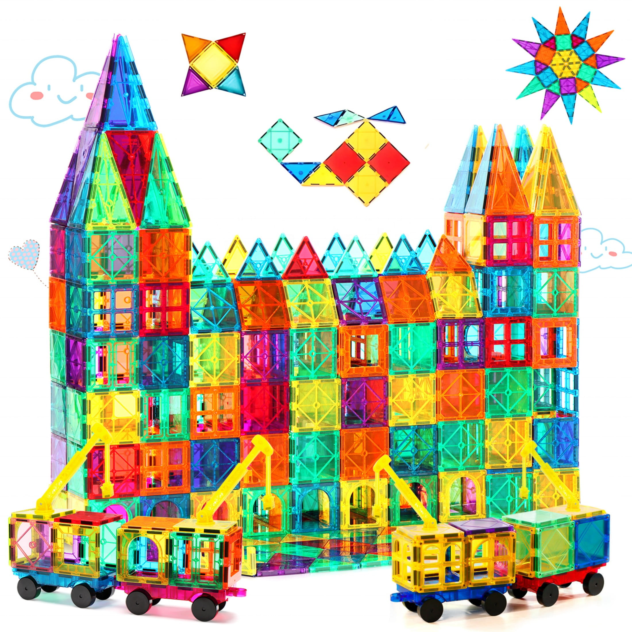 184PCS Kids Magnetic Tiles with Cars and Cranes - Clear 3D Magnet ...