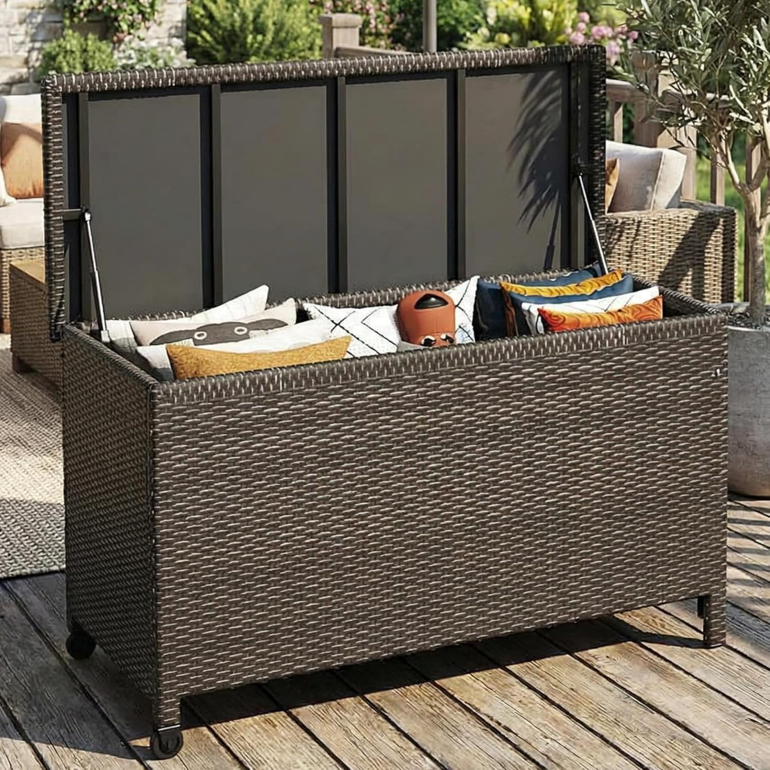 185 Gallon Outdoor Storage Box with Wheels, Large Brown Wicker Rattan ...