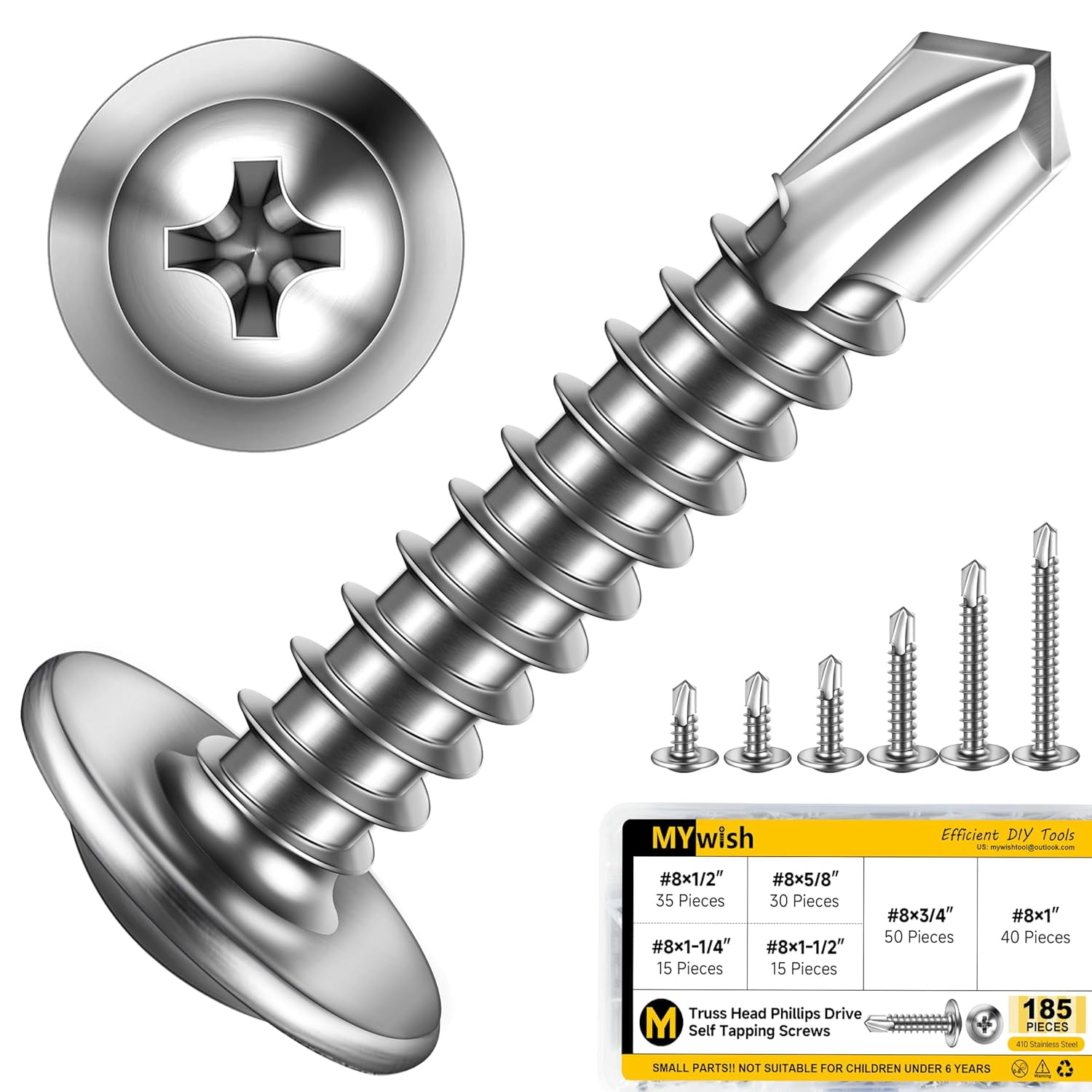 185 Pieces #8 Self Tapping Screws Assortment Kit for Metal, Length 1/2 ...