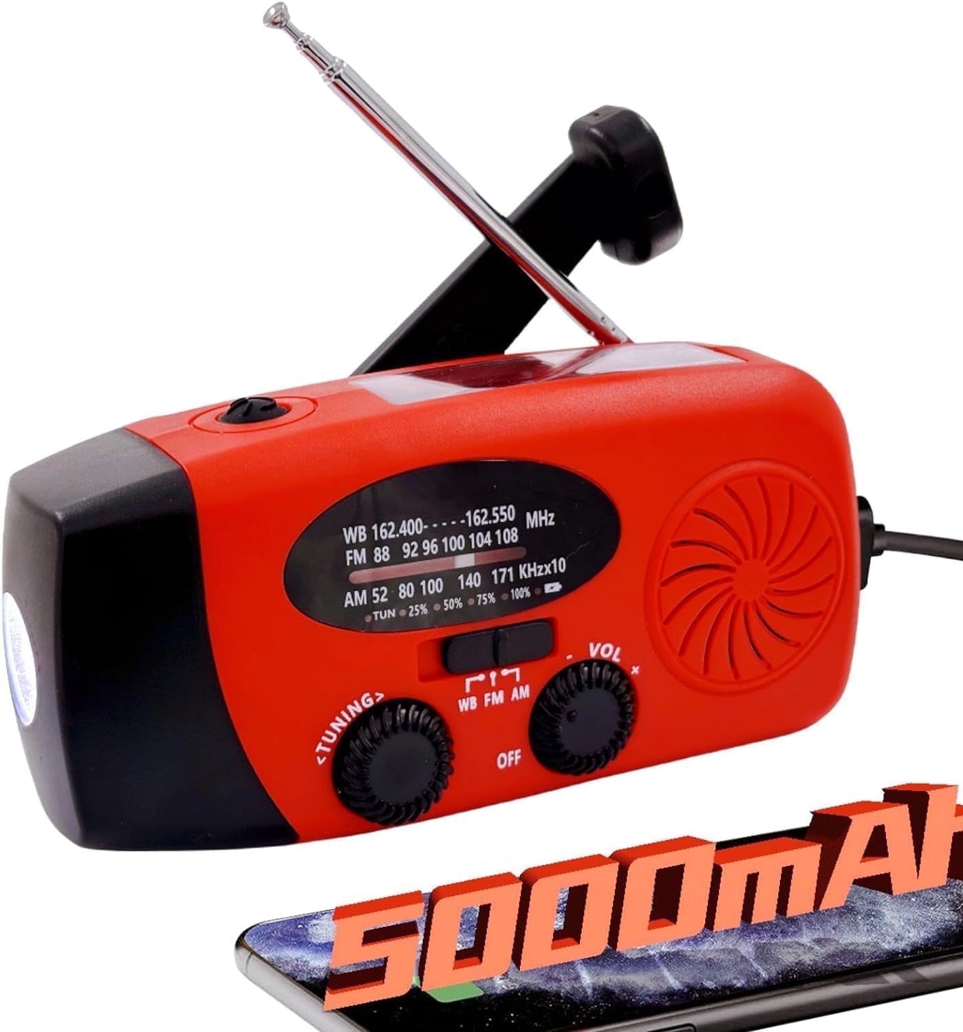 18500mWh/5000mAh Emergency Crank Weather Radio, iRonsnow NOAA/FM/AM ...