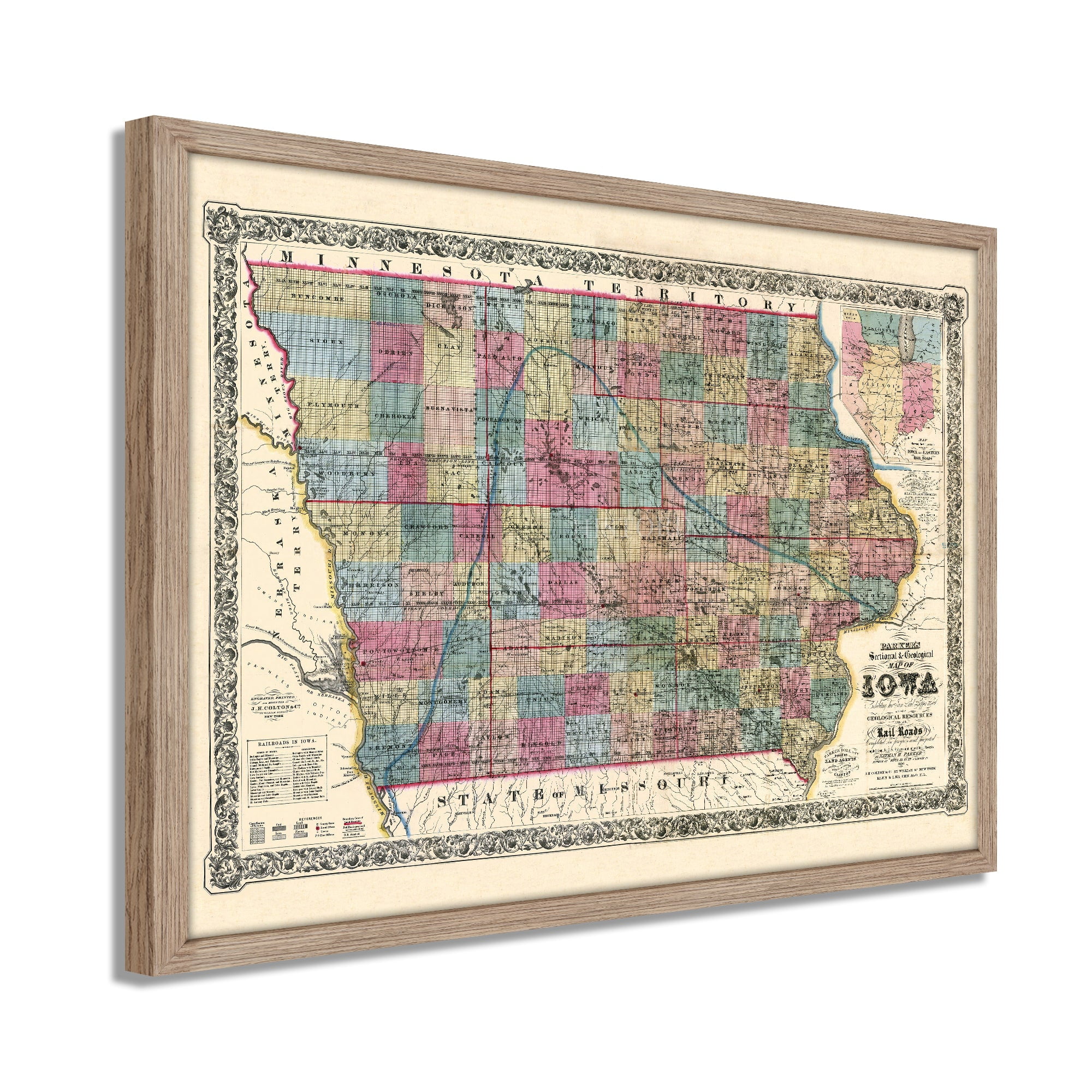 1856 Iowa Map - Framed Vintage Iowa State Map - Old State of Iowa Map ...