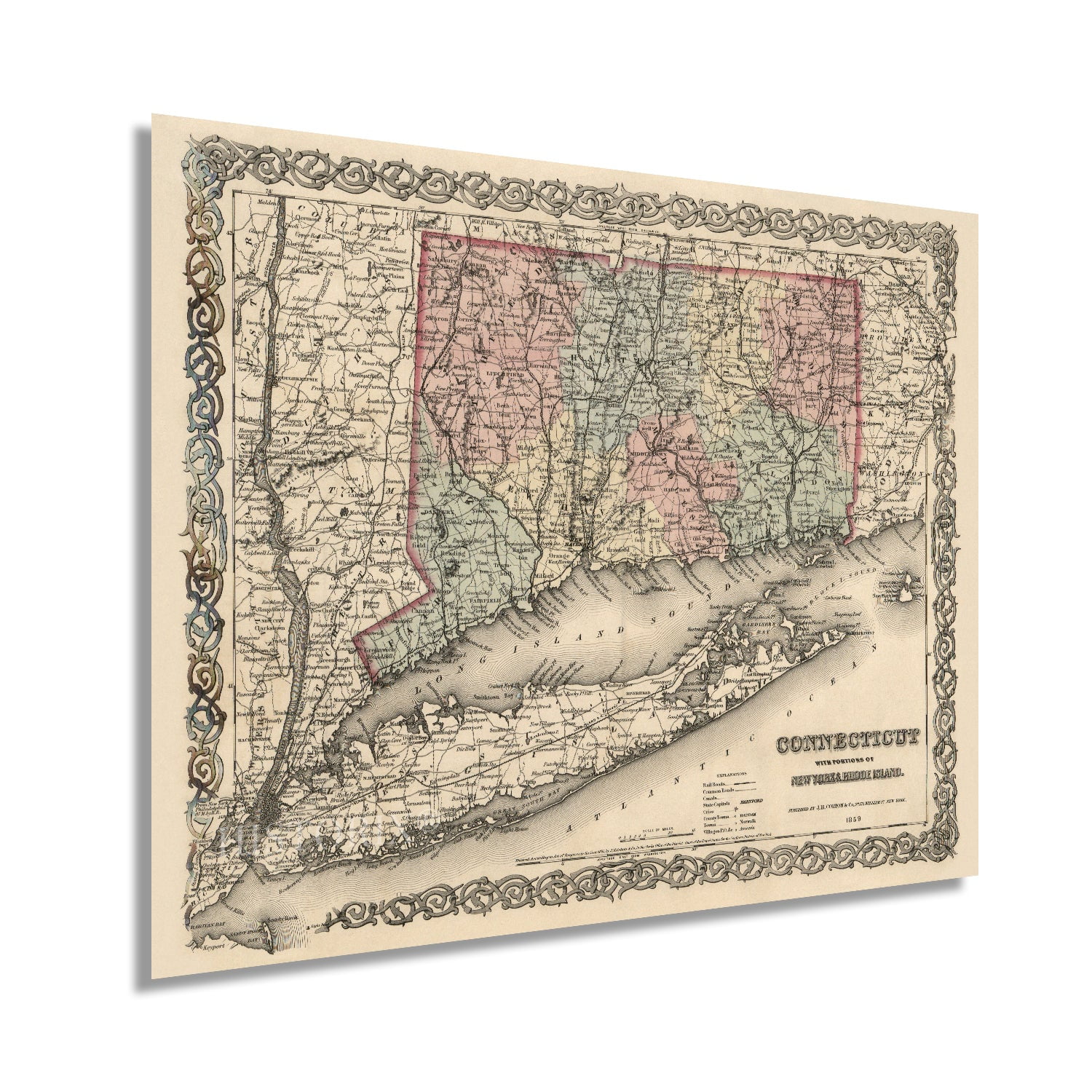 1859 Connecticut State Map with Portions of NY & Rhode Island - Vintage ...