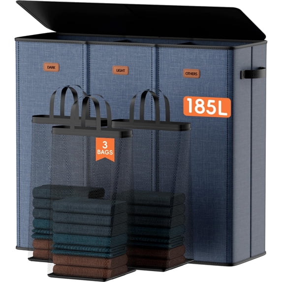 185L Laundry Hamper 3 Section, Laundry Hamper with Lid, Dirty Clothes ...