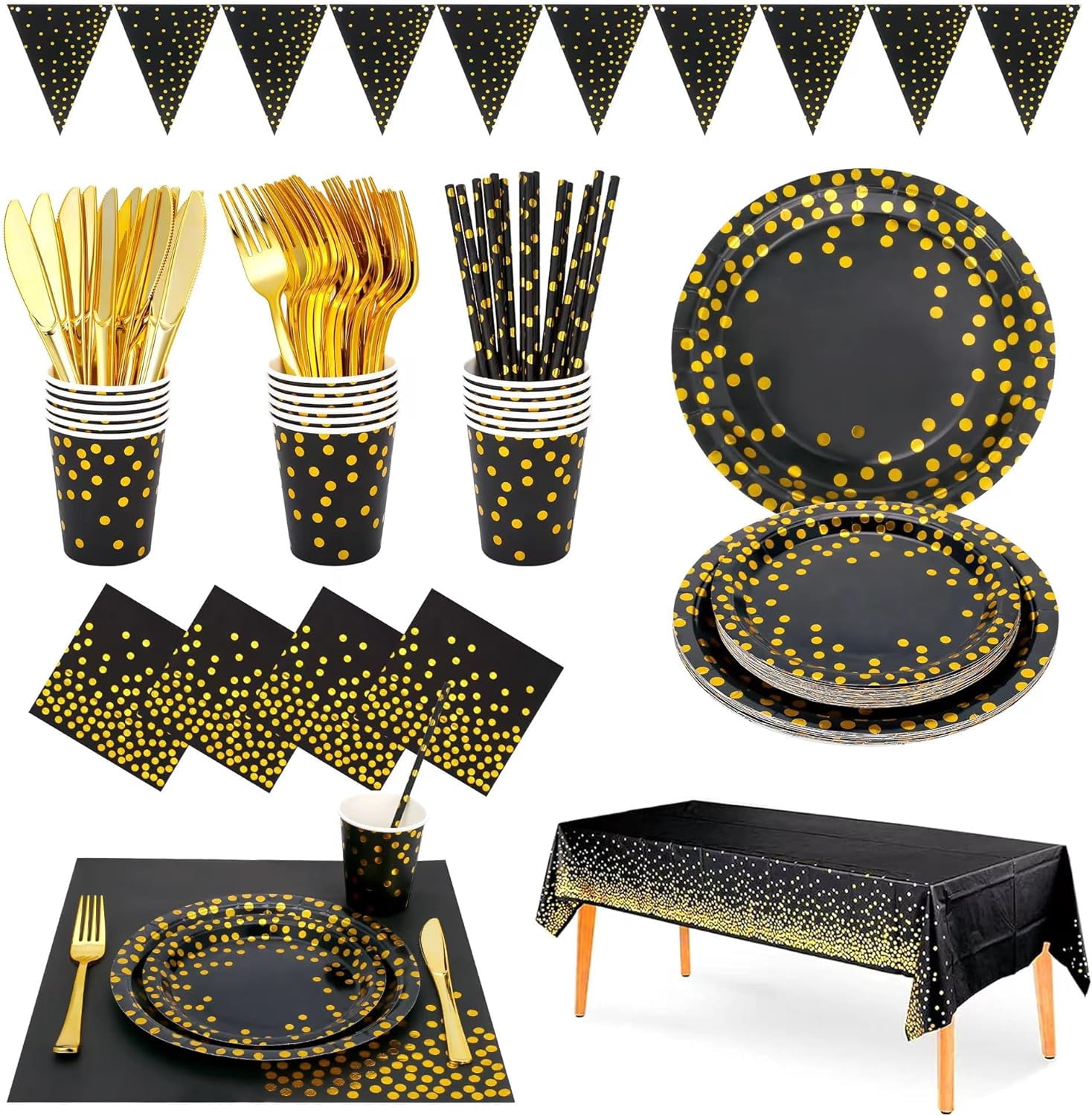 186 Pieces Black and Gold Party Tableware Set - 25 Guests Paper Plates ...