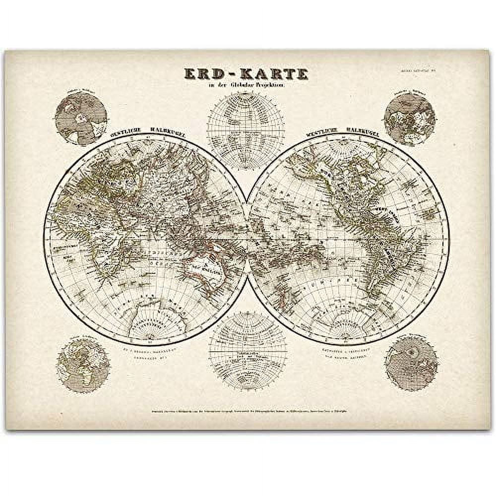 1860 German Map of the Globe - 11x14 Unframed Art Print - Great Vintage ...