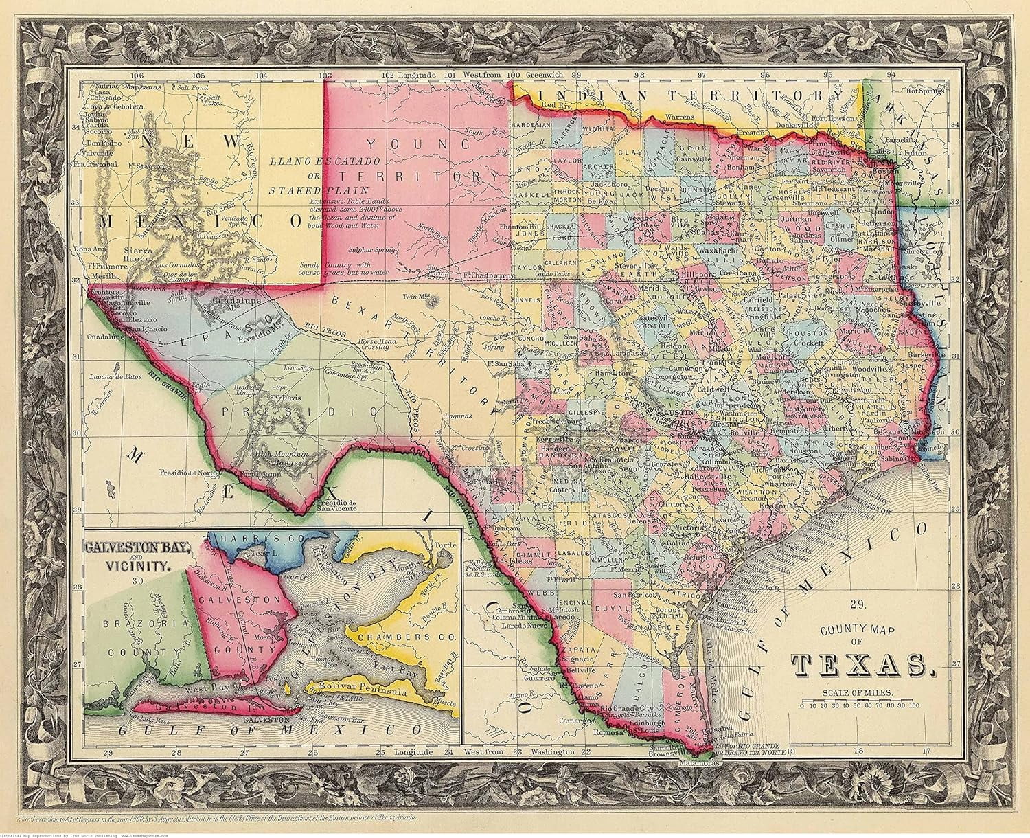1860 Pre-Civil War County Map of Texas by S.A. Mitchell - Walmart.com