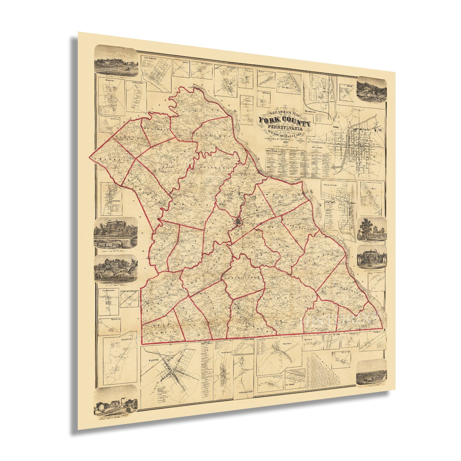 1860 York County Pennsylvania Map - Vintage Map of York Pennsylvania ...
