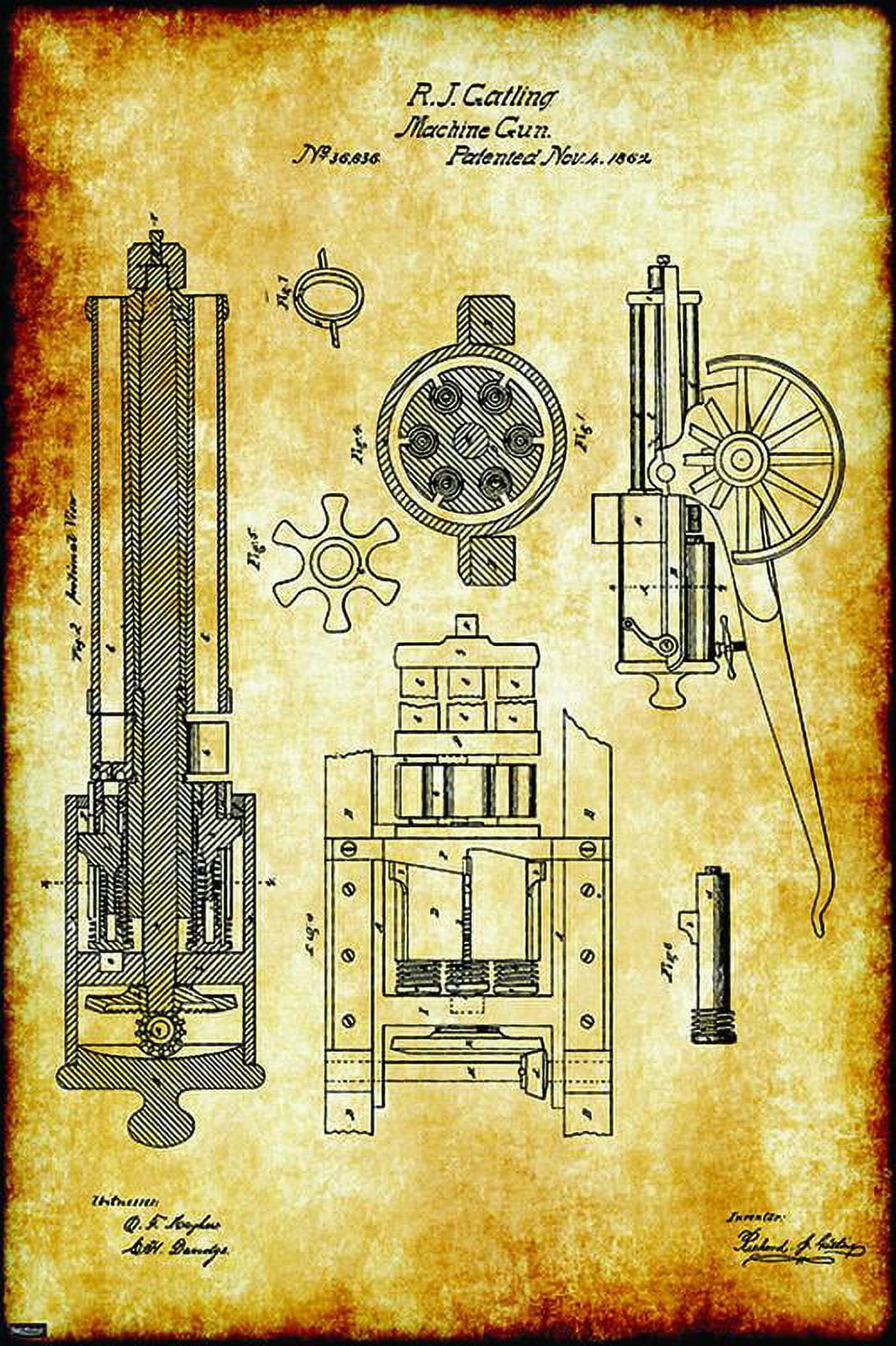 1862 Revolver Machine Gun Patent Technical Drawing Schematic Home Decor ...