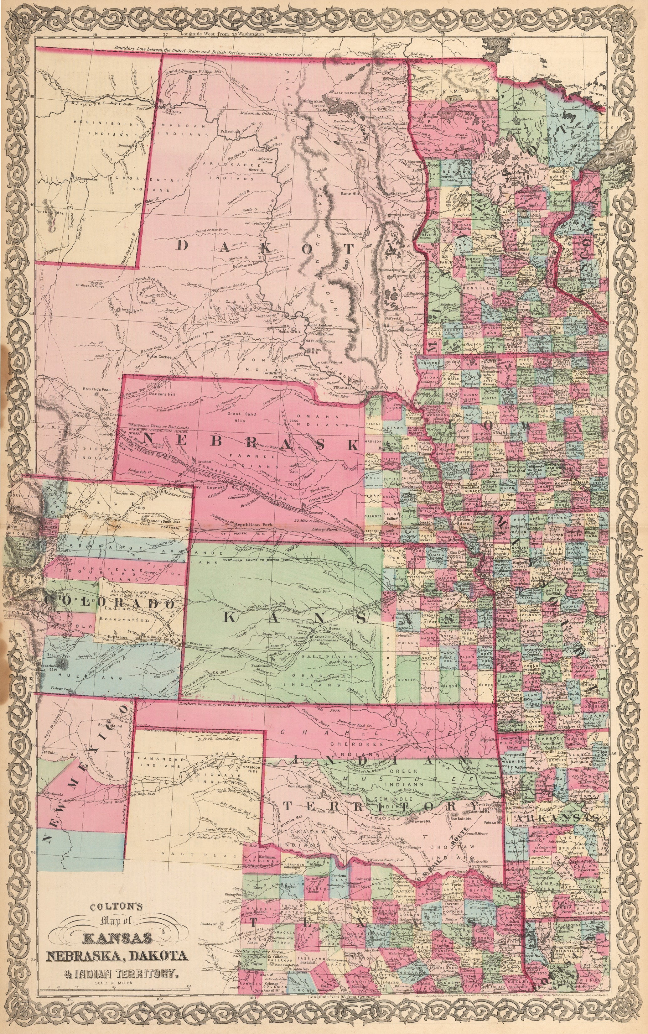 1864 Colton’s Map of Kansas, Nebraska, Dakota & Indian Territory ...