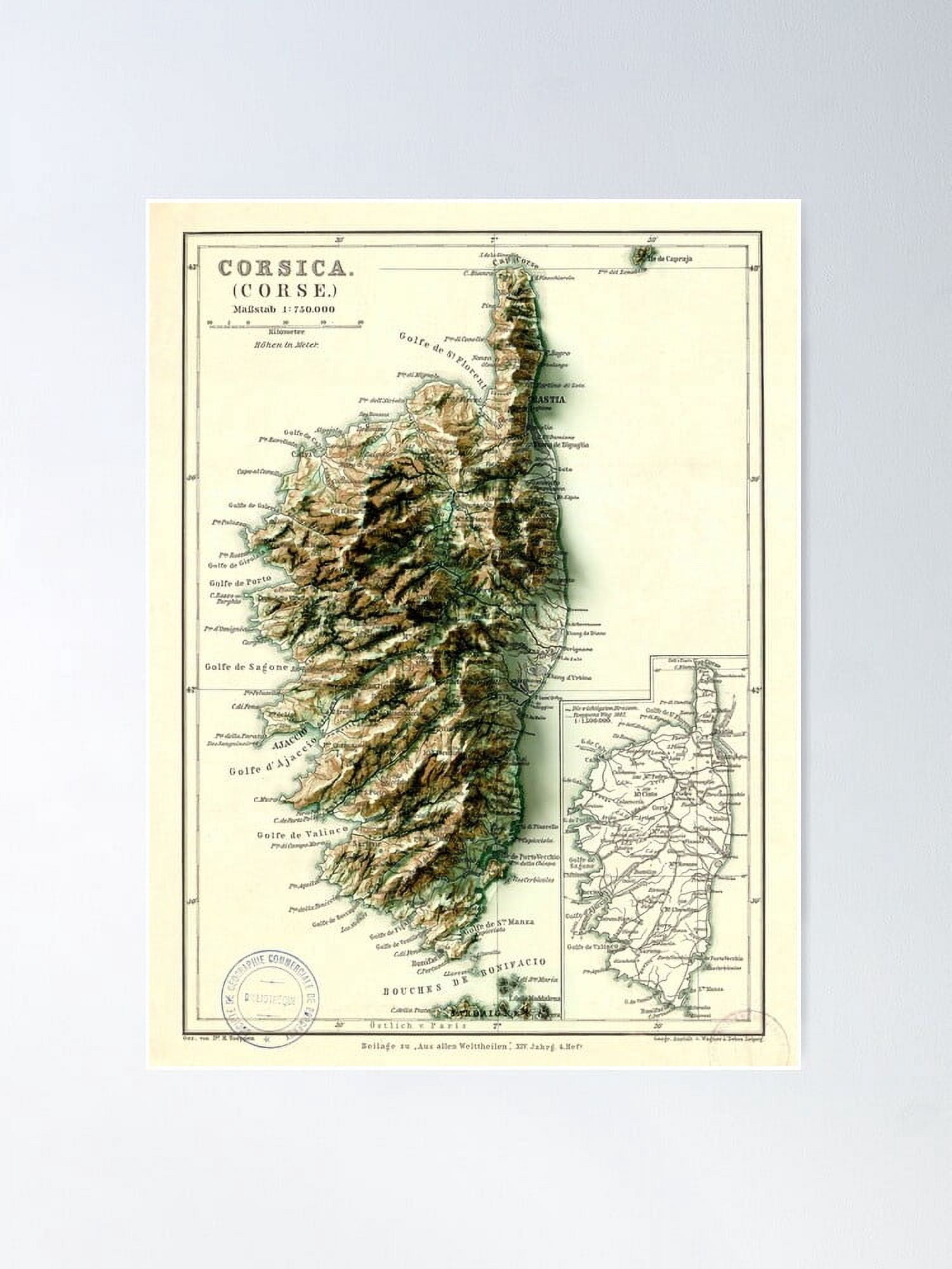1871 Map of Corsica - France 3D digitally-rendered Poster - Walmart.com