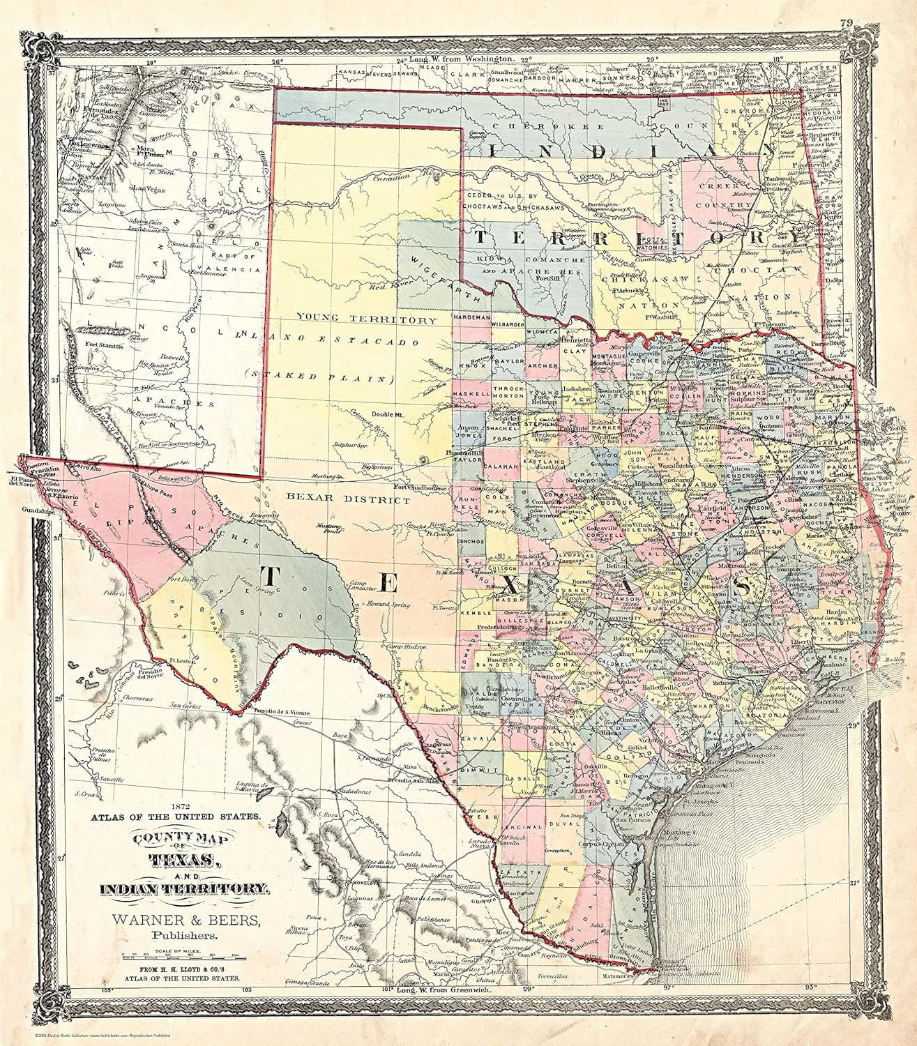 1872 Texas Counties and Indian Territory Map - Walmart.com