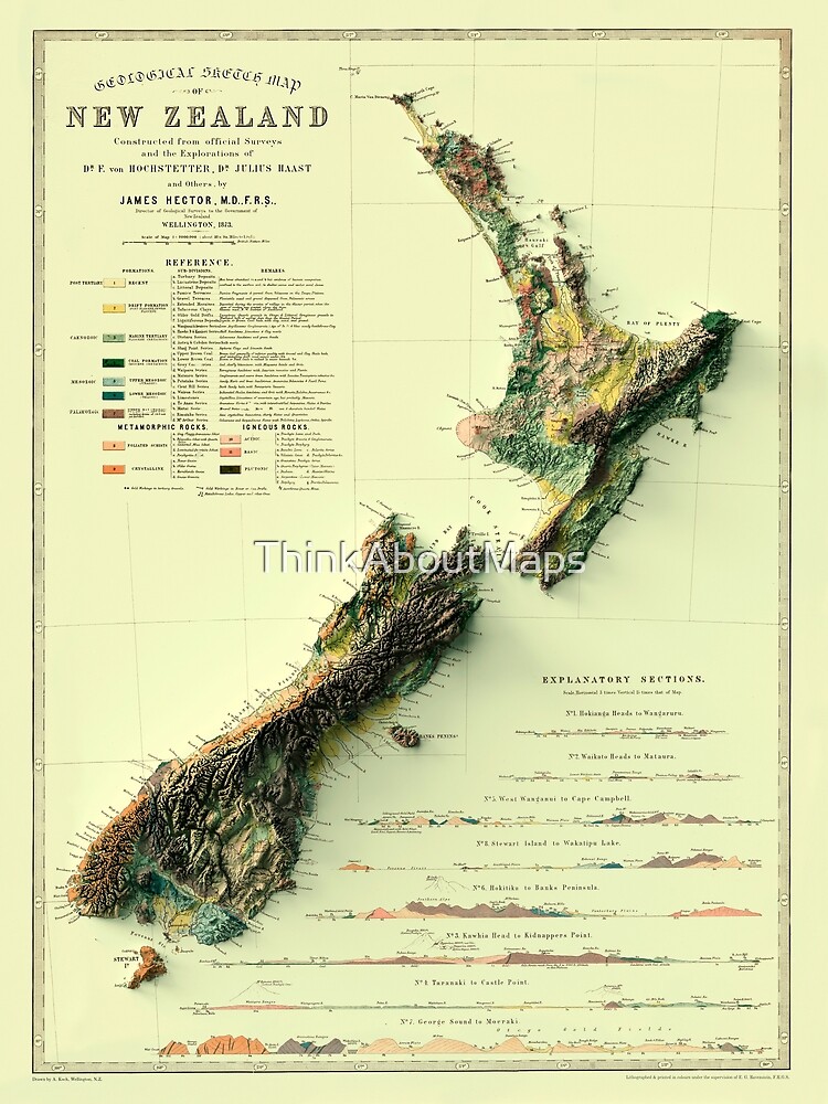 1873 Geological Map of New Zealand digitally-rendered Canvas Poster ...