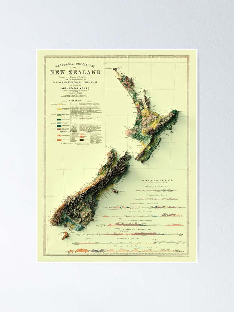 1873 Geological Map of New Zealand digitally-rendered Fashion Art Decor ...