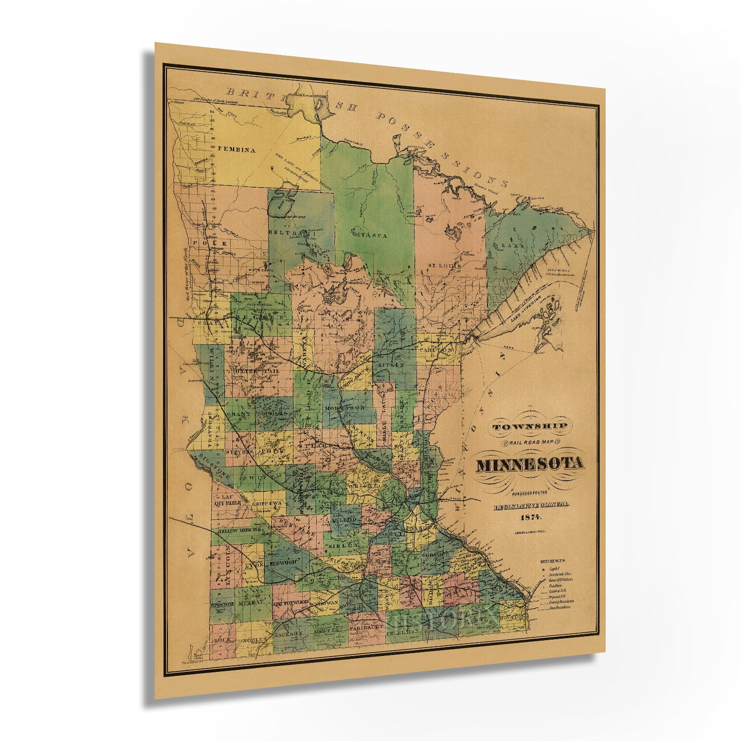 1874 Minnesota Map Poster - Township and Railroad Vintage Map of ...