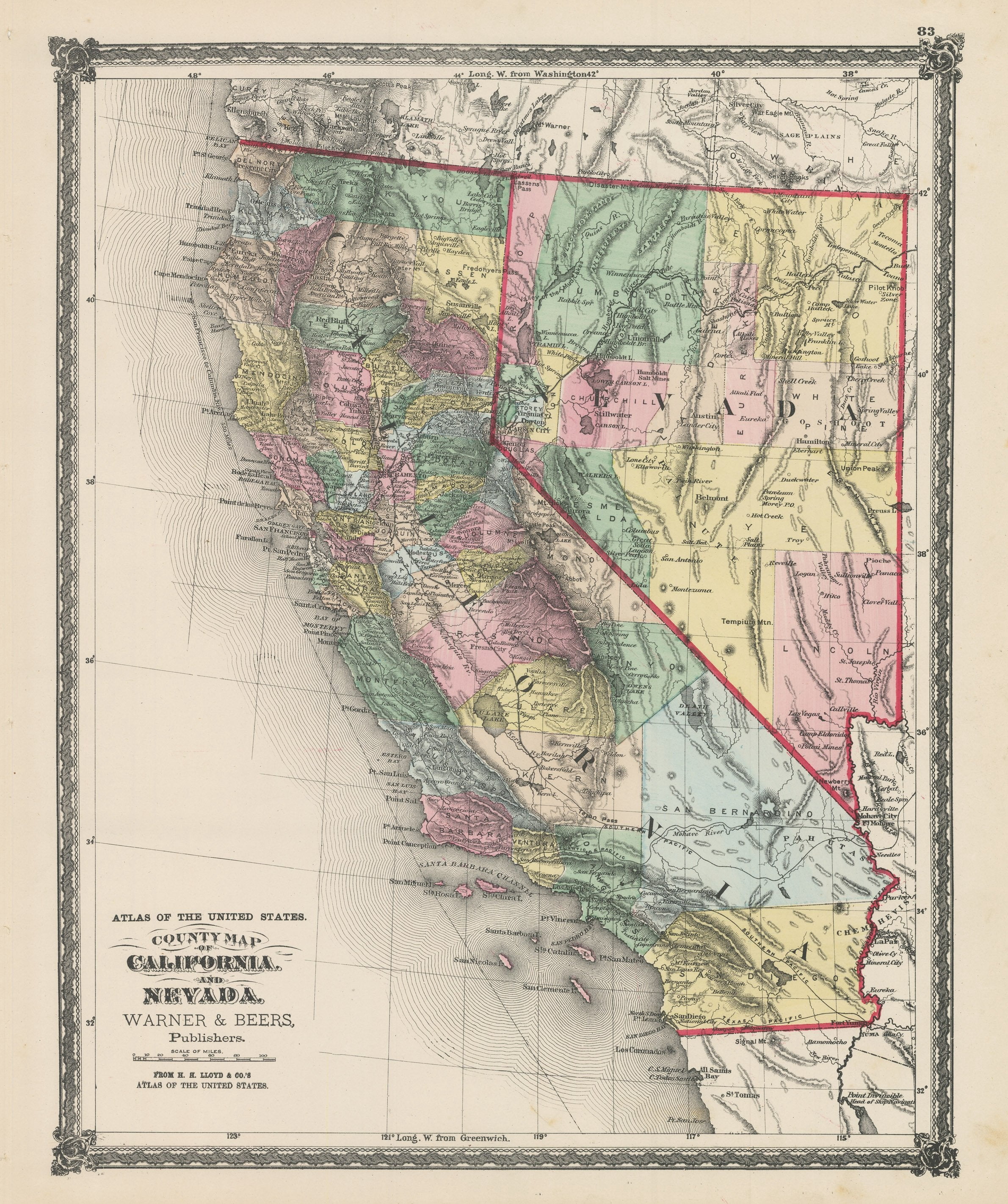 1875 County Map of California and Nevada - Walmart.com