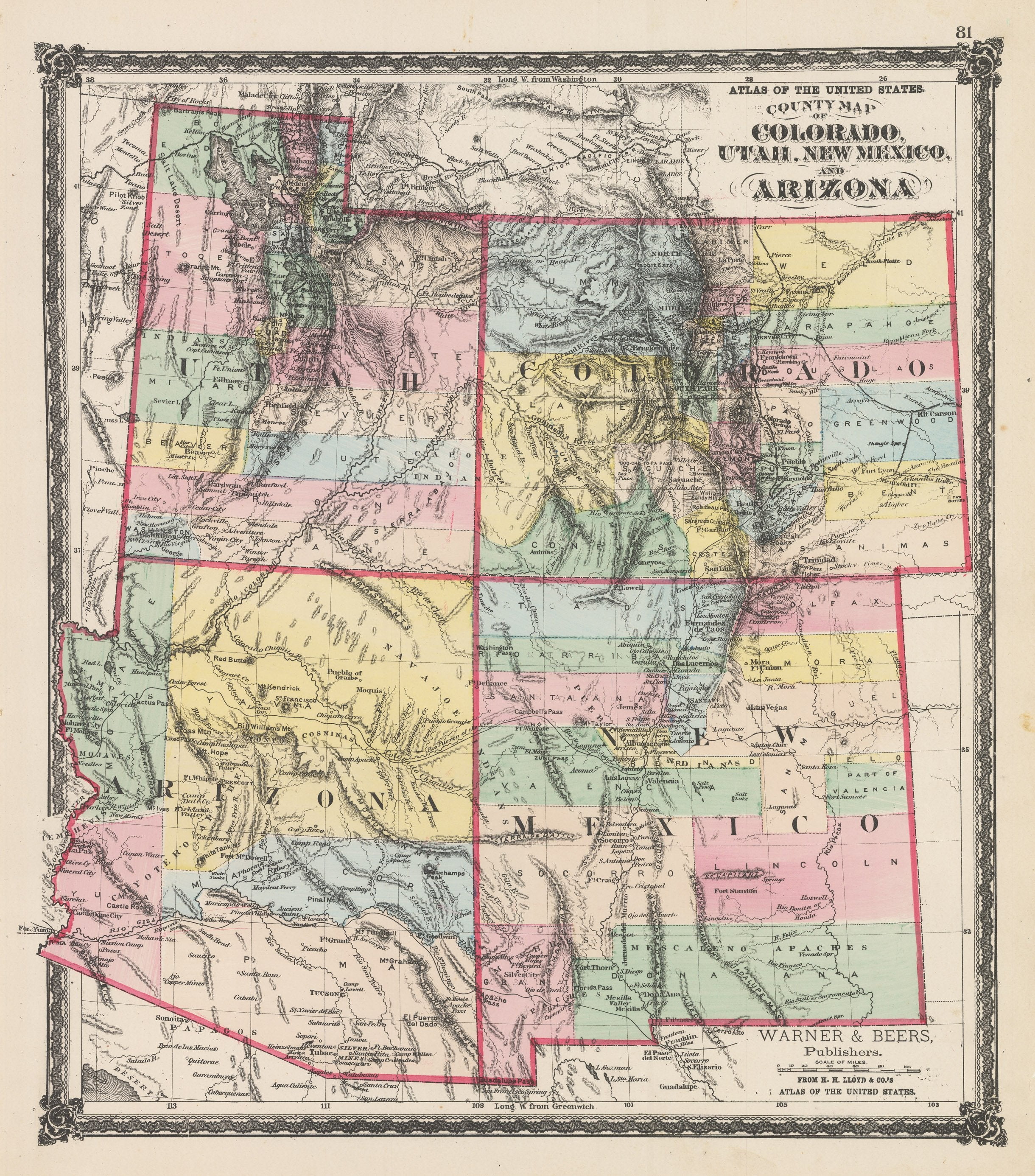 1875 County Map of Colorado, Utah, New Mexico, and Arizona - Walmart.com